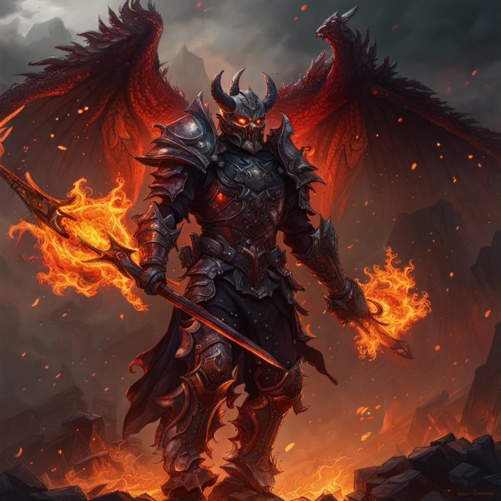 A Demon Knight Coming from The Flames In His Armor and Demon Wings Epic ...