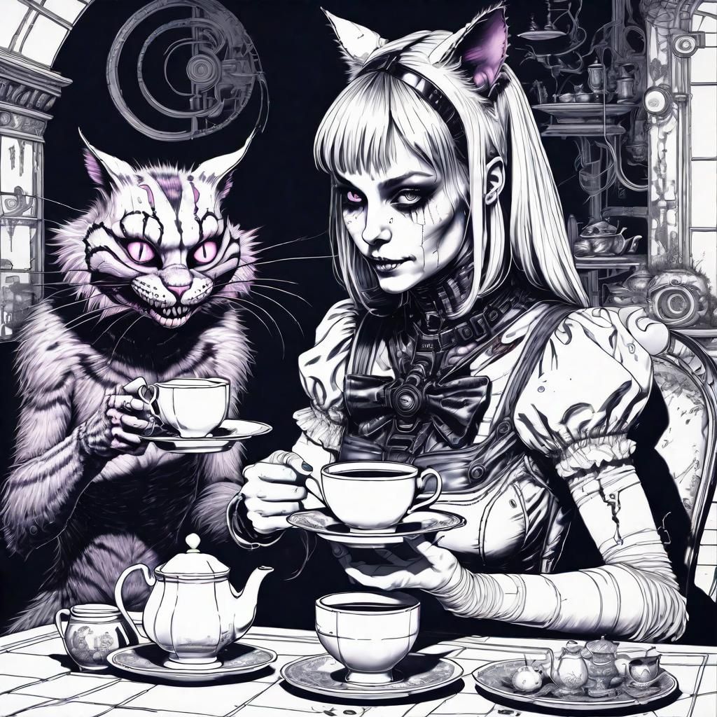 exploded dark fantasy of cyberpunk sinister blond haired Alice having ...