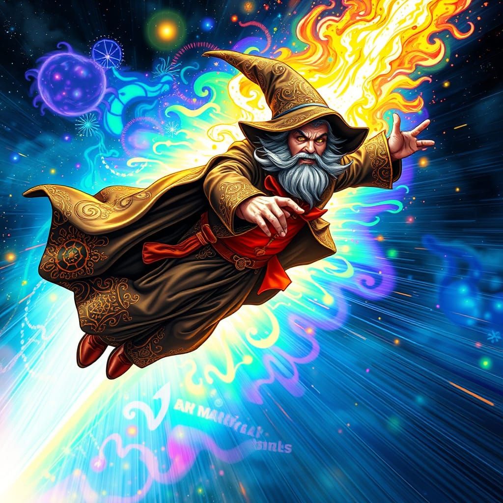Flying wizard - Ethereal Wizard Soars Through Cosmic Vortex