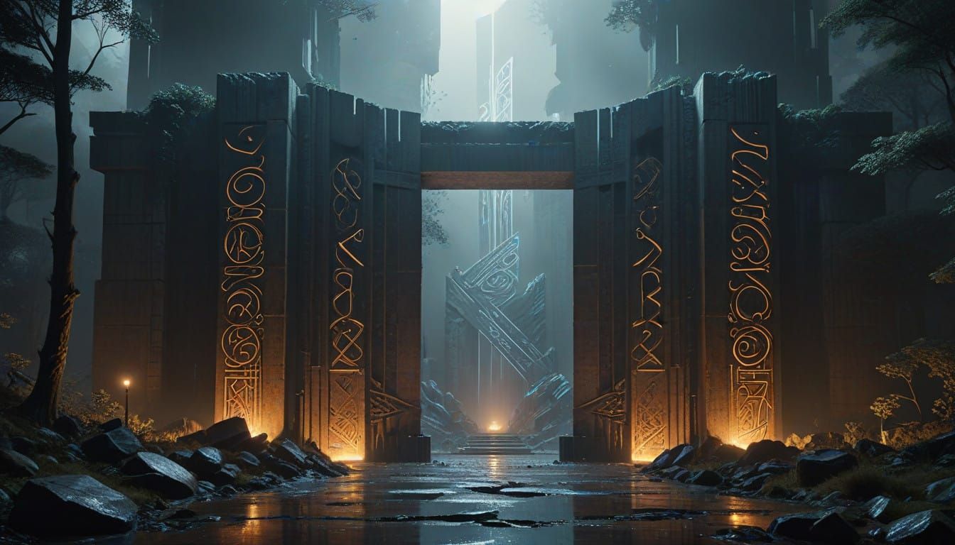 "A monumental brutalist concrete gate, inscribed with cryptic runes ...