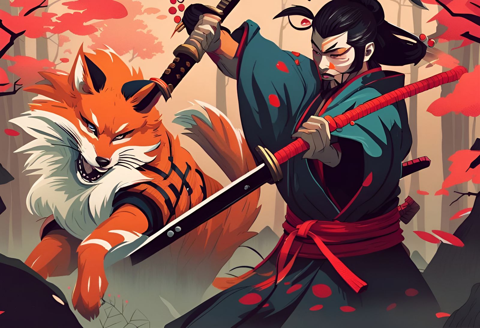 Kitsune VS Ronin - AI Generated Artwork - NightCafe Creator