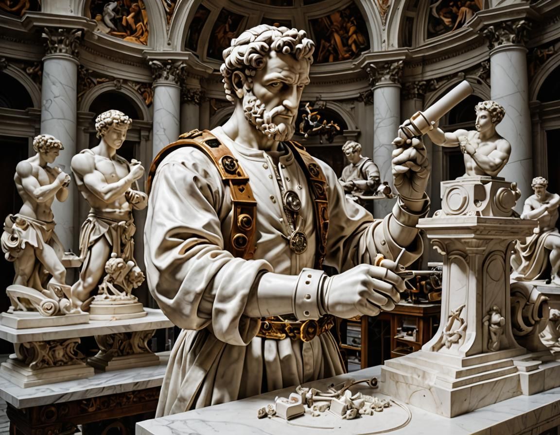 Michelangelo using modern electric tools in his sculpting process. - AI ...