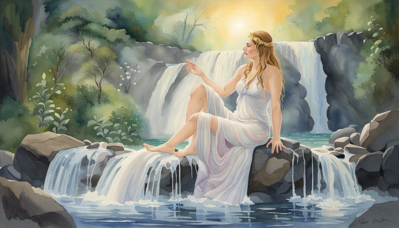 Award Winning Watercolor Masterpiece of Goddess of Light and Love Bathing at the Waterfalls ...