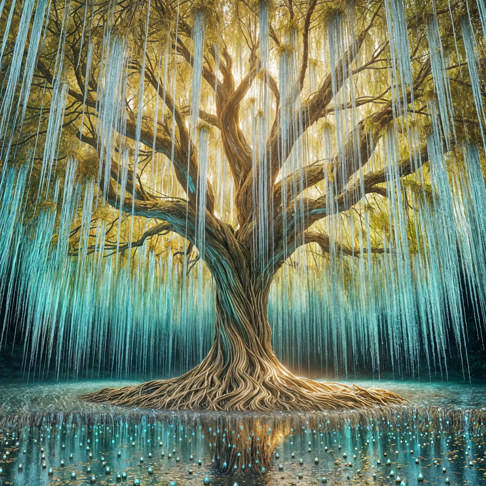 Golden Willow Tree in Ethereal Splendor - AI Art