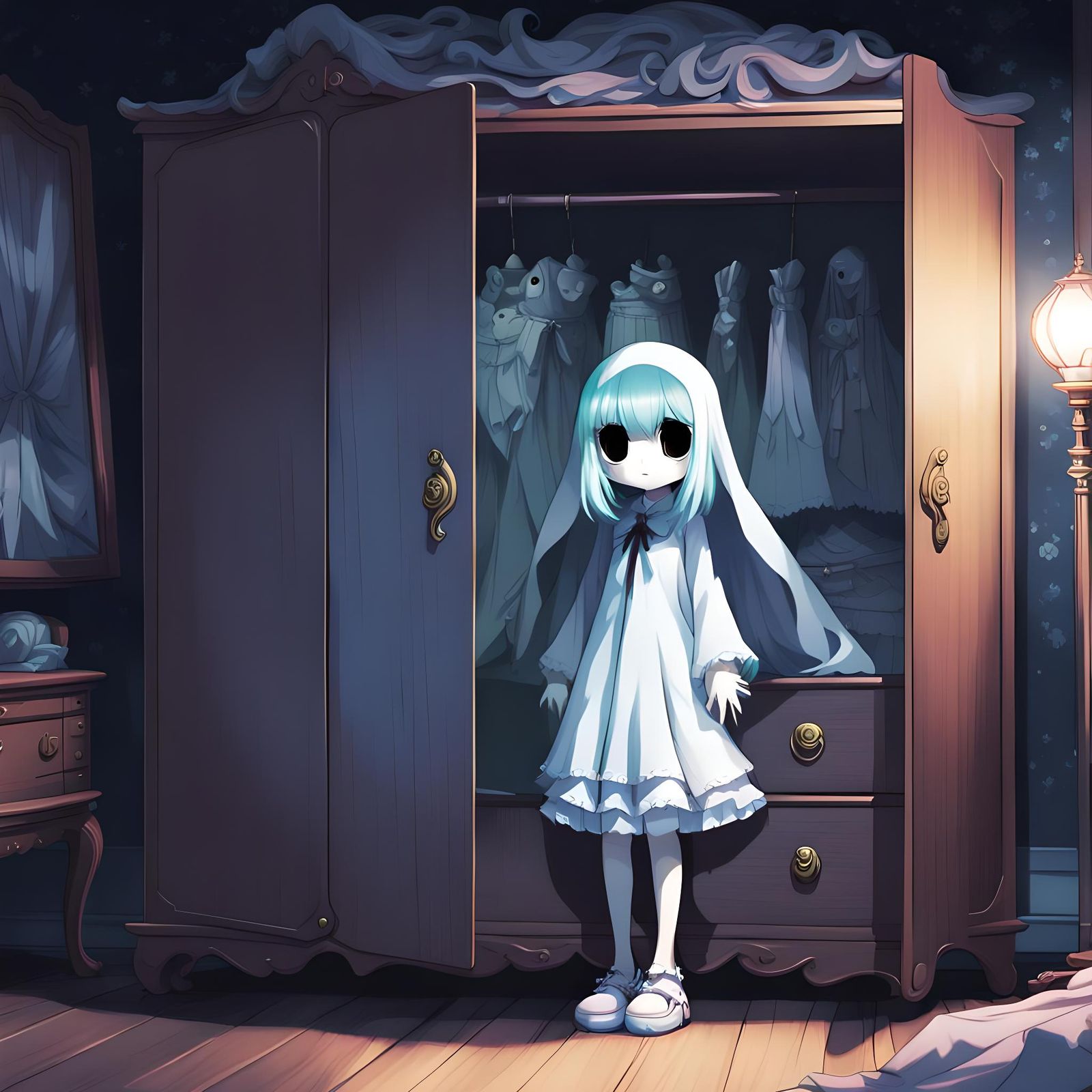 Creepy but beautiful chibi ghost girl apparition peeking out of a ...