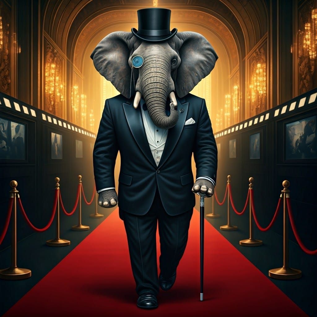 Elephant in a tuxedo and top hat, monocle and cane walking the red ...