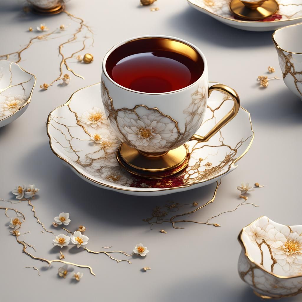 Kintsugi tea cup, delicate and fine, white cup with flower patern - AI ...