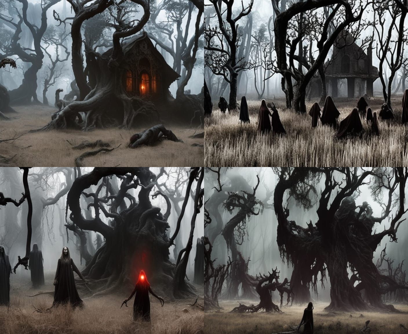 ((Spooky spectral apparitions float through twisted gnarled tree ...