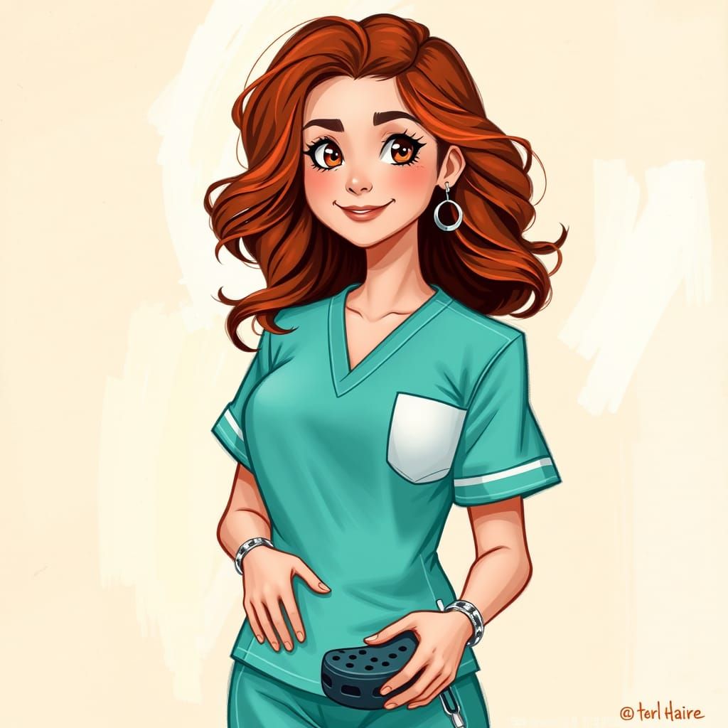 Chibi, cartoonish, disney ,Hand drawn, oil painting of Caucasian woman, auburn hair hazel eyes ...