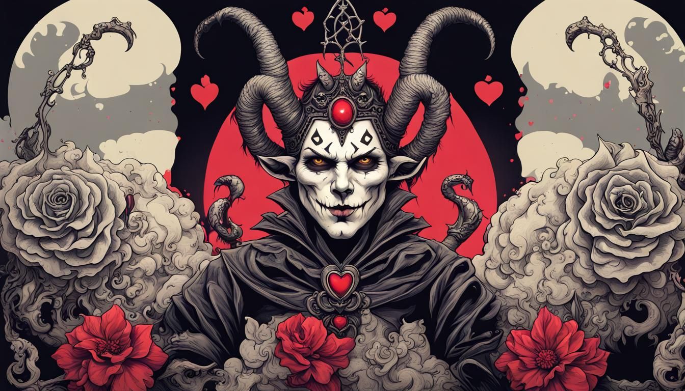 tarot, foolish, jester, oni, color splash, heart and flower accents ...