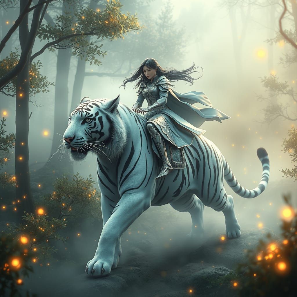 Majestic Woman Rides White Tiger Through Dreamlike... - AI Art