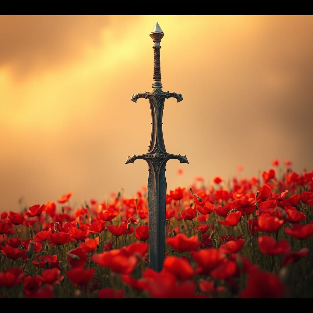Epic Fantasy Sword Amidst Vibrant Red Poppies - AI Art