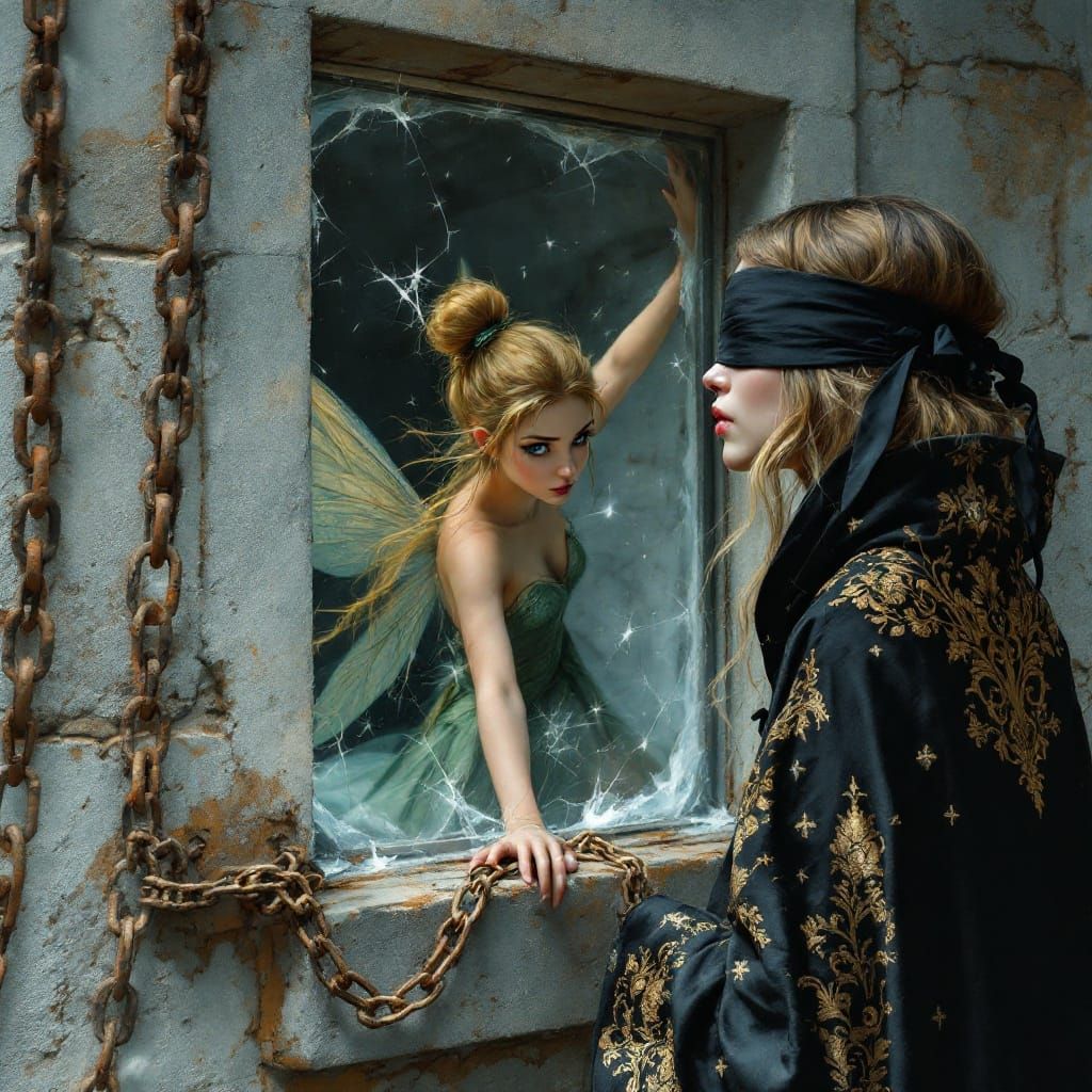 Fairy helping the chained blindfolded woman to get out