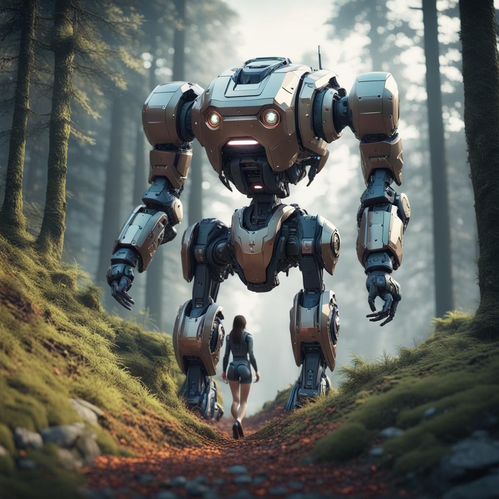 a little robot hiking in a forrest with a human sized brunette woman ...