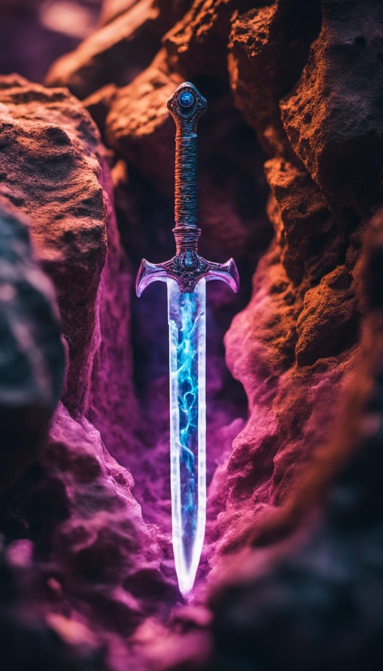 Macro shot of electric plasma translucent Sword, Stuck in rock, Glowing ...