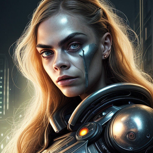 Hyper-Realistic Cyborg Goddess in Dark Cityscape - AI Art