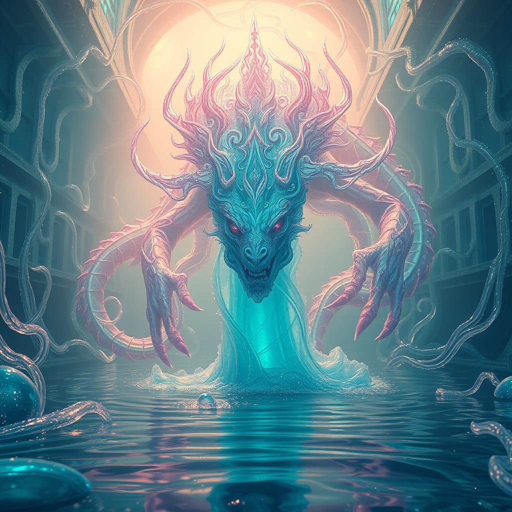 Mystical Aqua-Teal Monster Rises from Labyrinthine... - AI Art