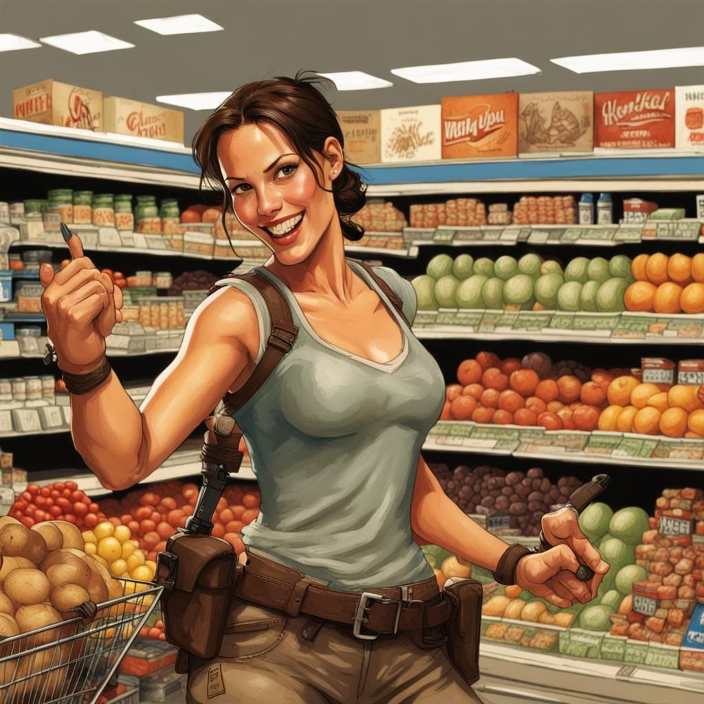 Lara Croft at the supermarket - AI Generated Artwork - NightCafe Creator