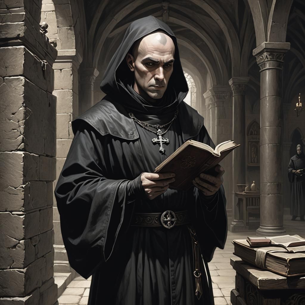 Portrait of a medieval monk holding a small leatherbound book, in a ...