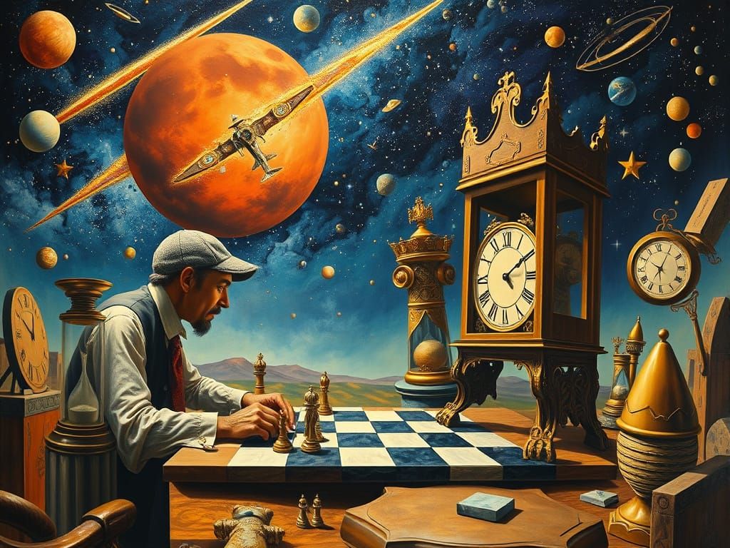 Man playing chess with Chronos - Man Engages Chronos in Cosm...