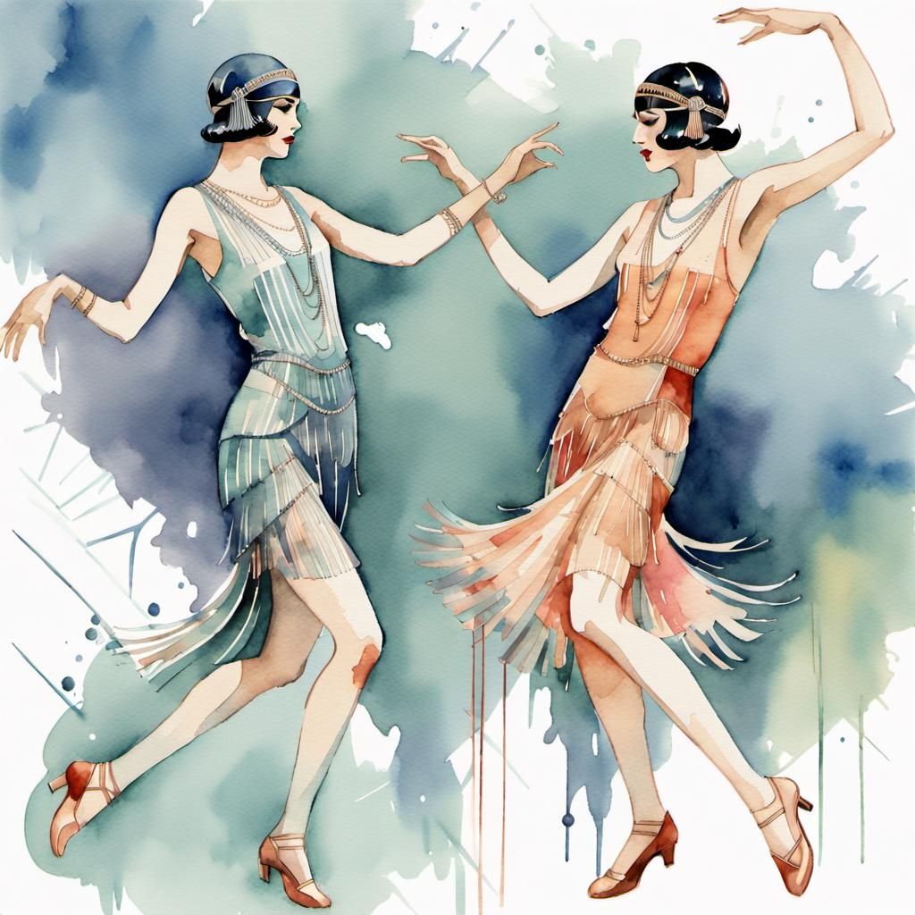 two flappers dancing, watercolor, thin lines, art deco - AI Generated Artwork - NightCafe Creator