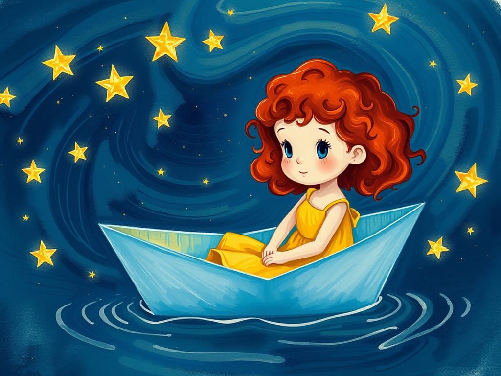 Bedtime Story - Whimsical Girl in Starry Boat