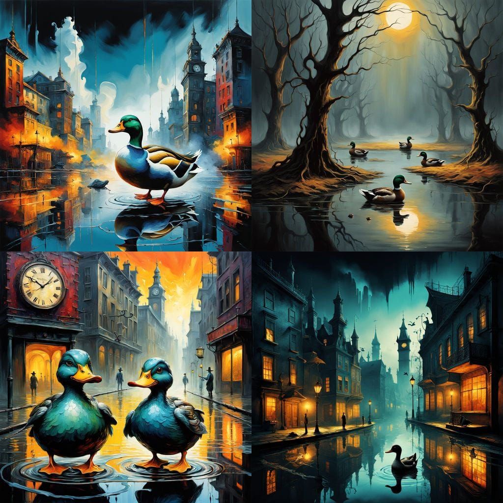 Three Baddie Ducks, surrealism - Surrealistic Quacking Vill...