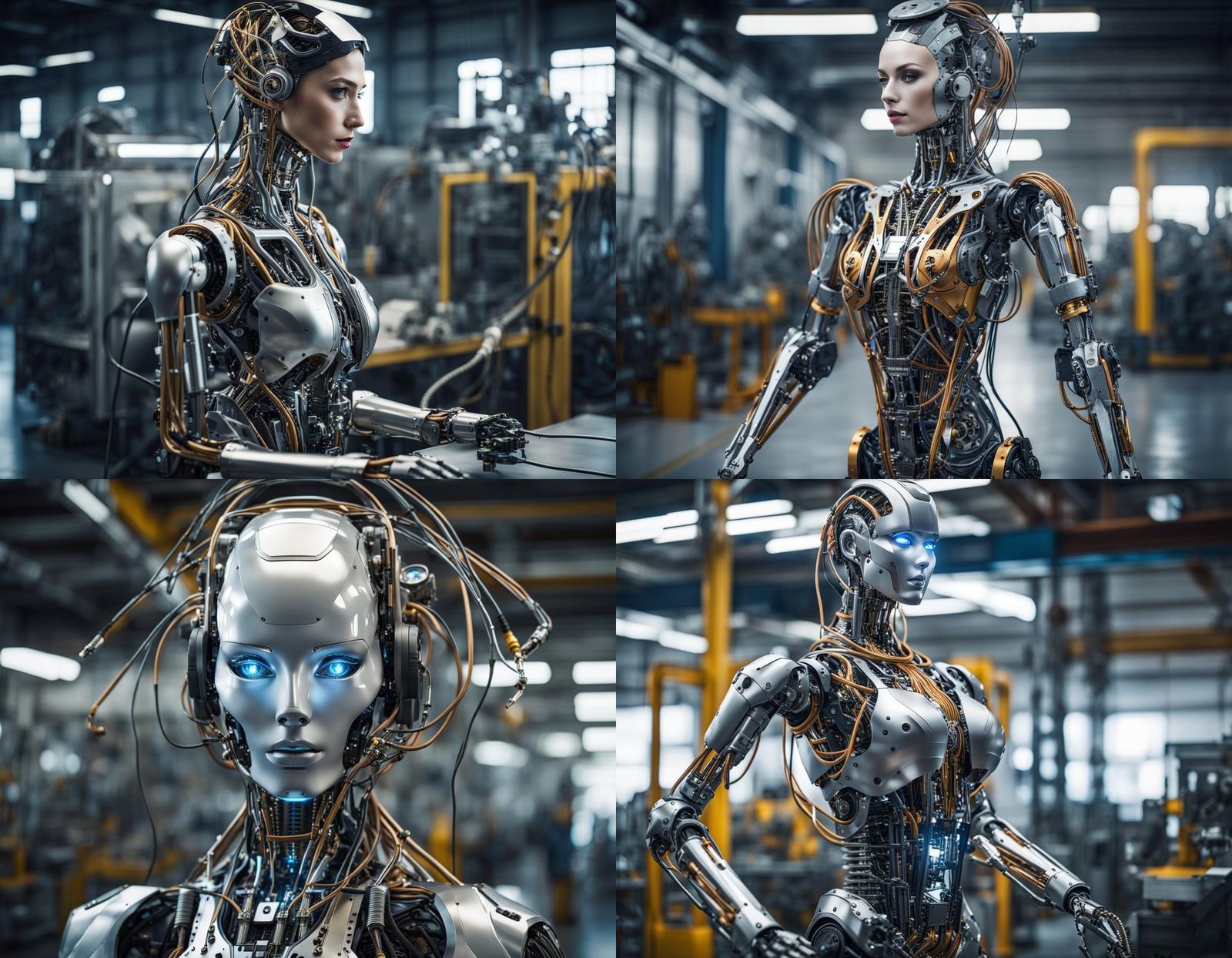 full body Beautiful female robot with Glass skin revealing wires cables ...