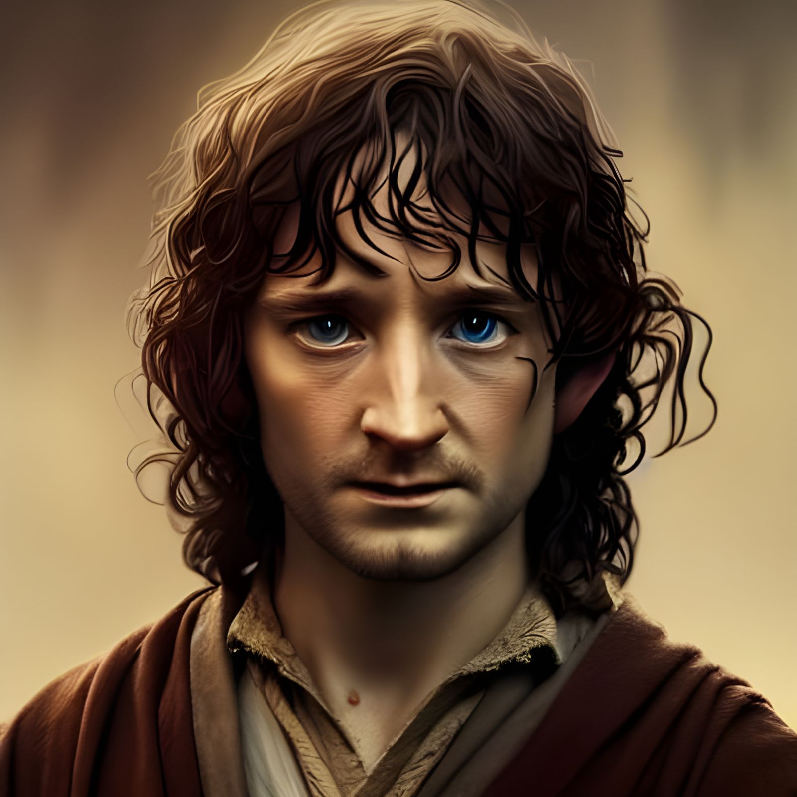 LOTR, photorealistic portrait of the hobbit Frodo, in Arwen's and ...