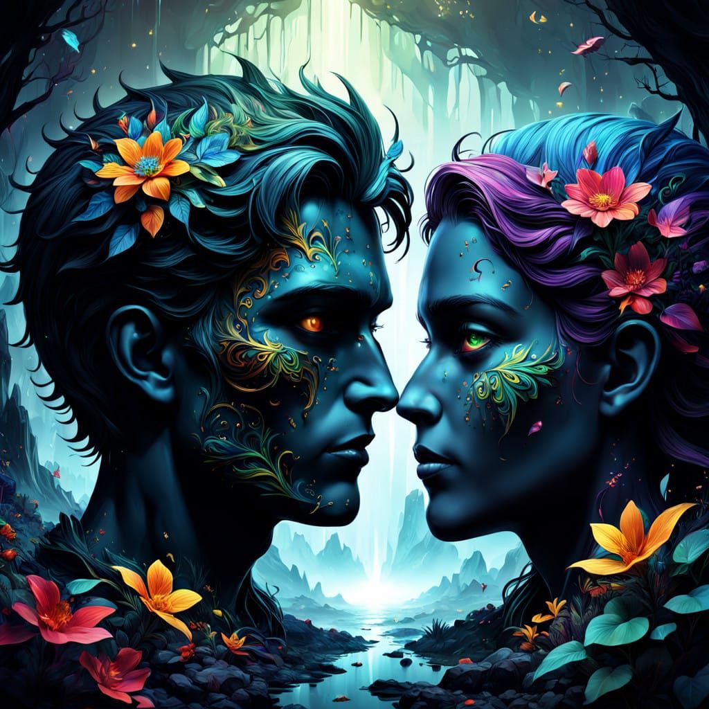 Ethereal Faces in Kaleidoscopic Harmony, Cyberpunk... - AI Art