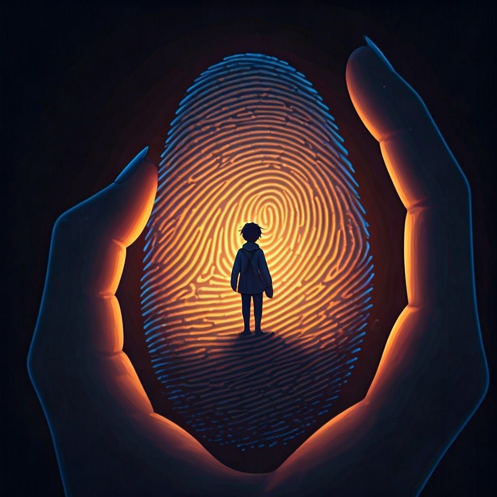 A tiny boy, no larger than a grain of sand, 0.1 millimeters in size, stands in the palm of a ...