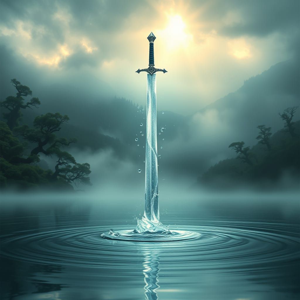 An epic, dramatic scene inspired by Arthurian legend: a straight sword forged entirely of water ...