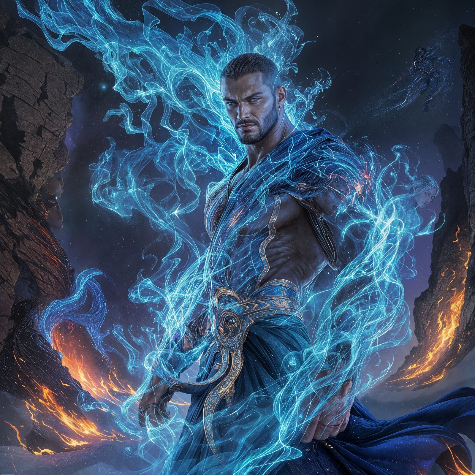 Hyperrealistic Jet Blue Fire Mage in Splash Art St... - AI Art