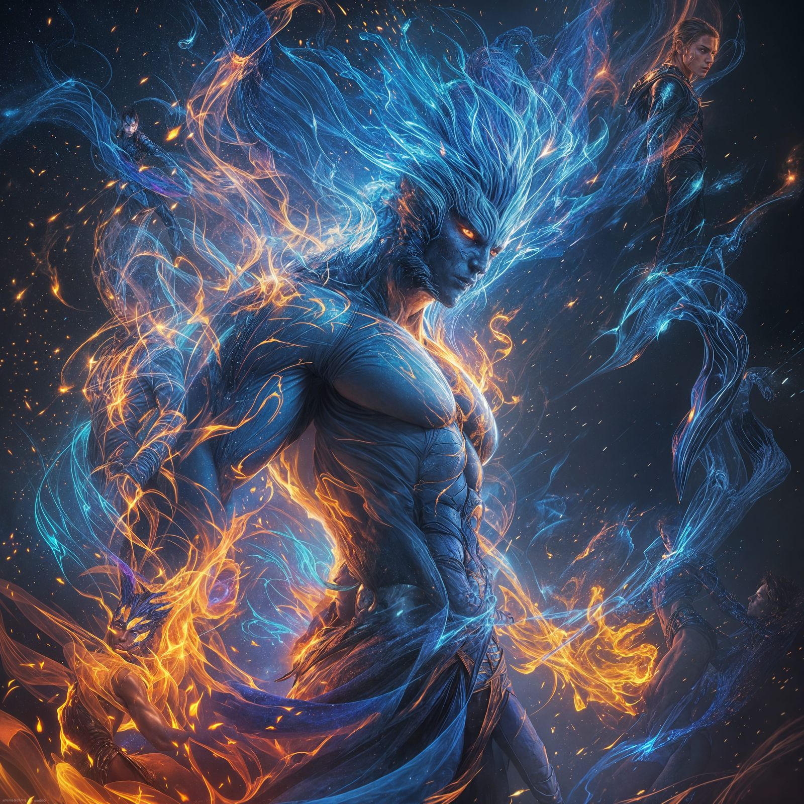 Hyperrealistic Jet Blue Fire Mage in Cosmic Hologr... - AI Art