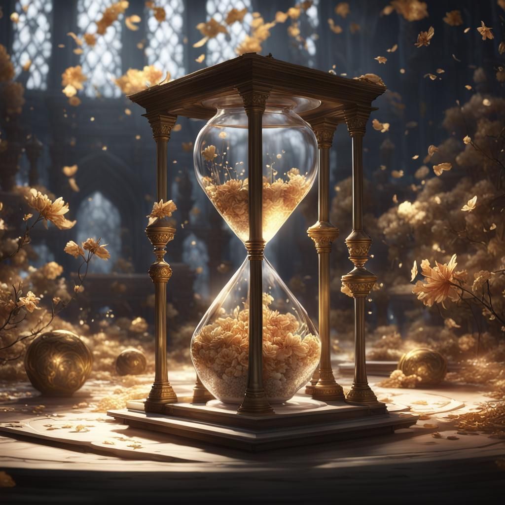 Immersive scenes where hourglasses serve as powerful symbols of time's endless march, inviting ...