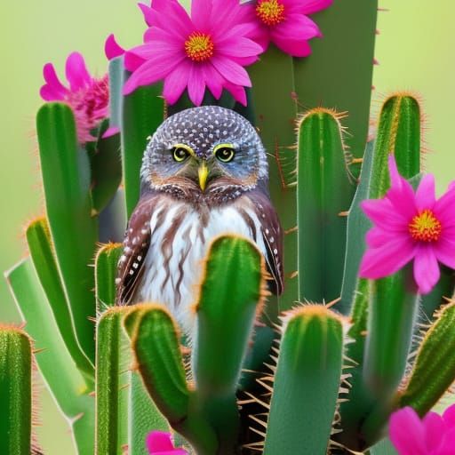 A cute Pygmy owl nesting in the side of a tall cactus. cactus flowers ...