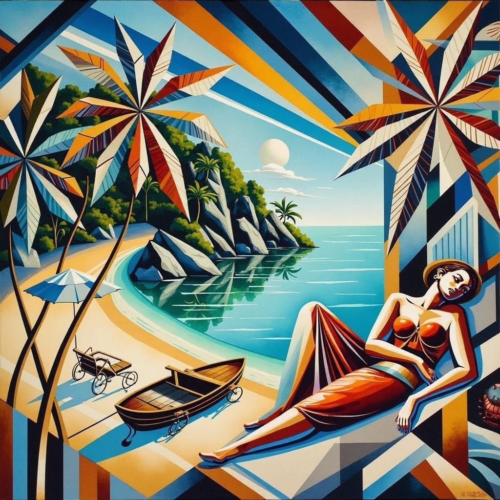 Neo-Cubist Tropical Beach Goddess - AI Art