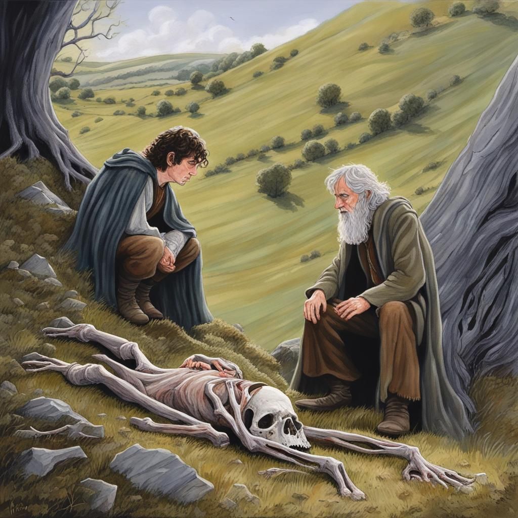 On a beautiful day in the Shire Frodo Baggins and Sam Gamgee look down ...