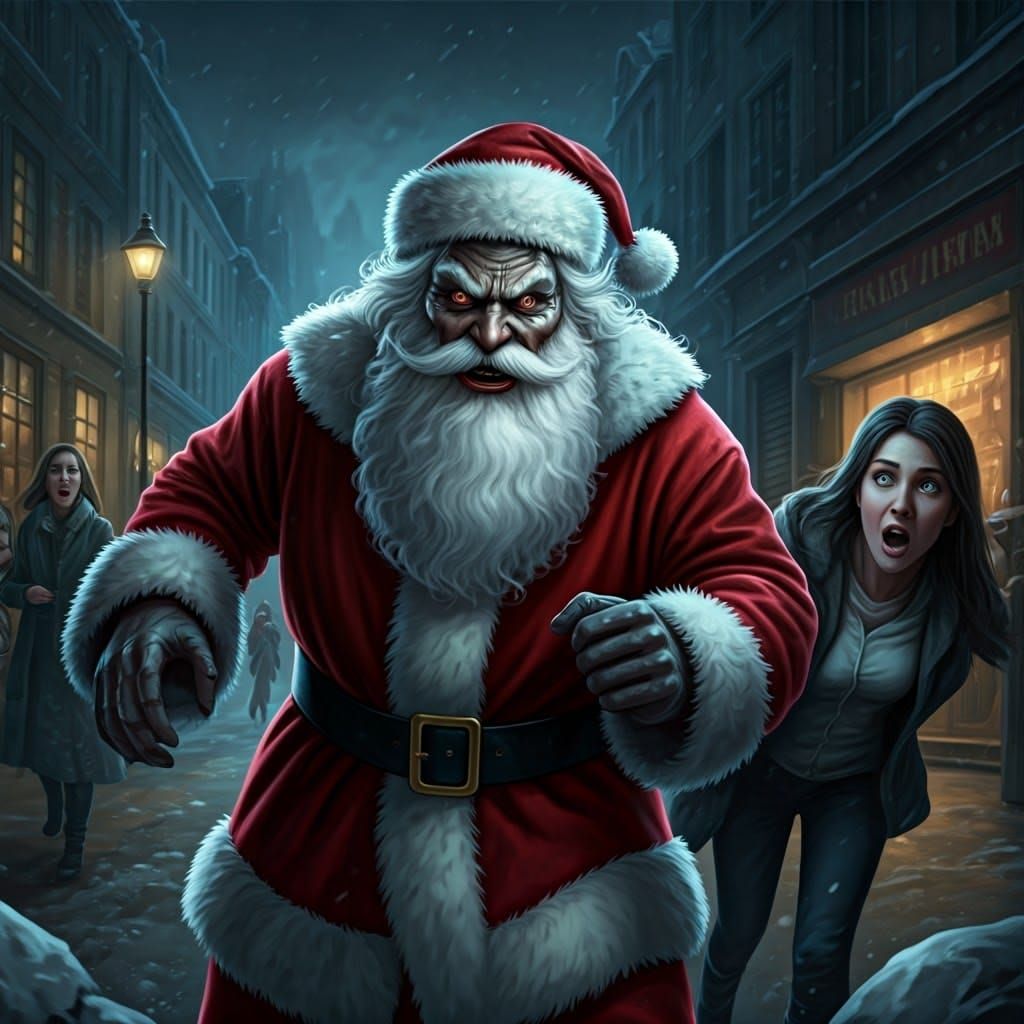 Dark Santa Chases Fleeing Christmas Crowd in Gothi... - AI Art