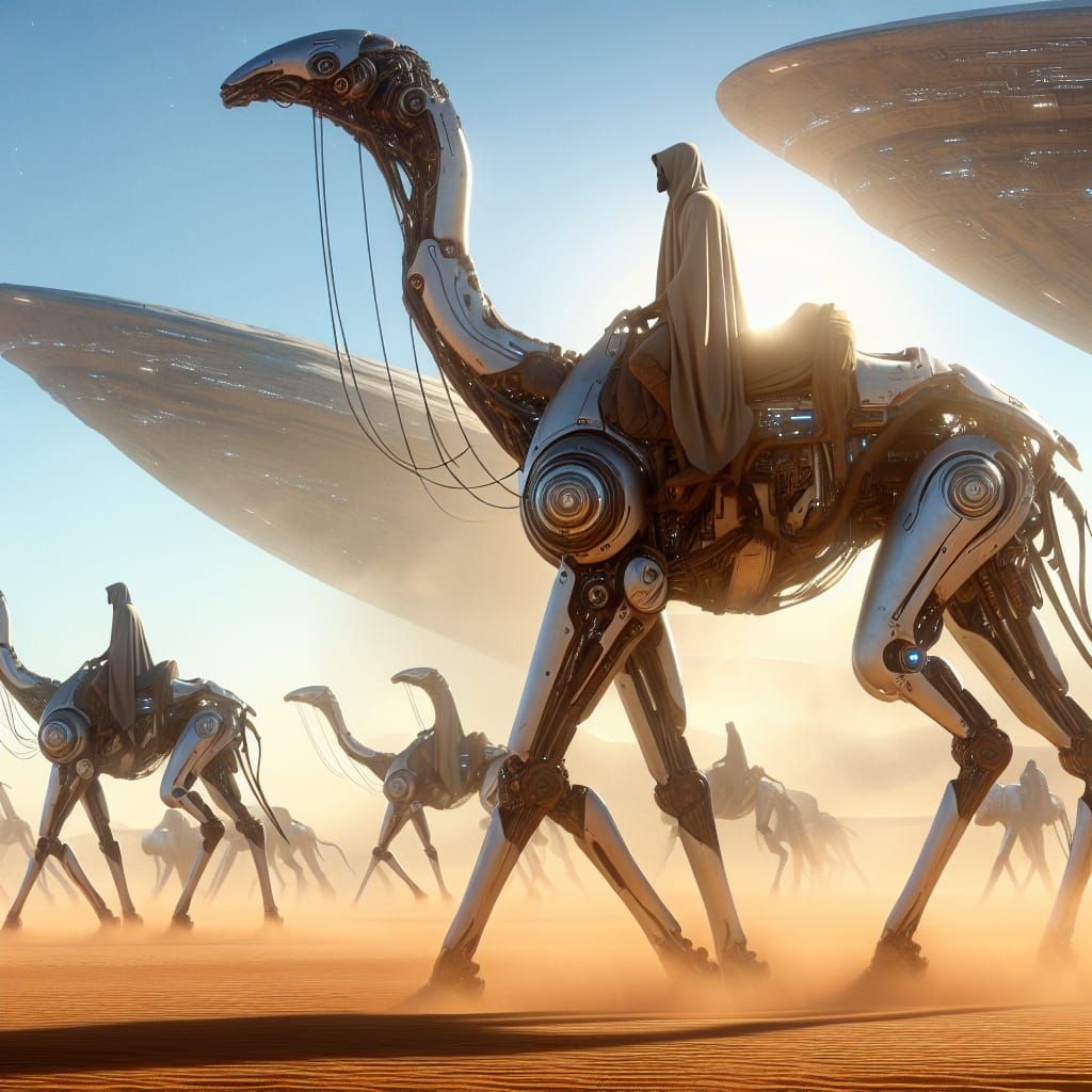 Cinematic sci-fi scene in the desert with tall biomechanical camel-like ...
