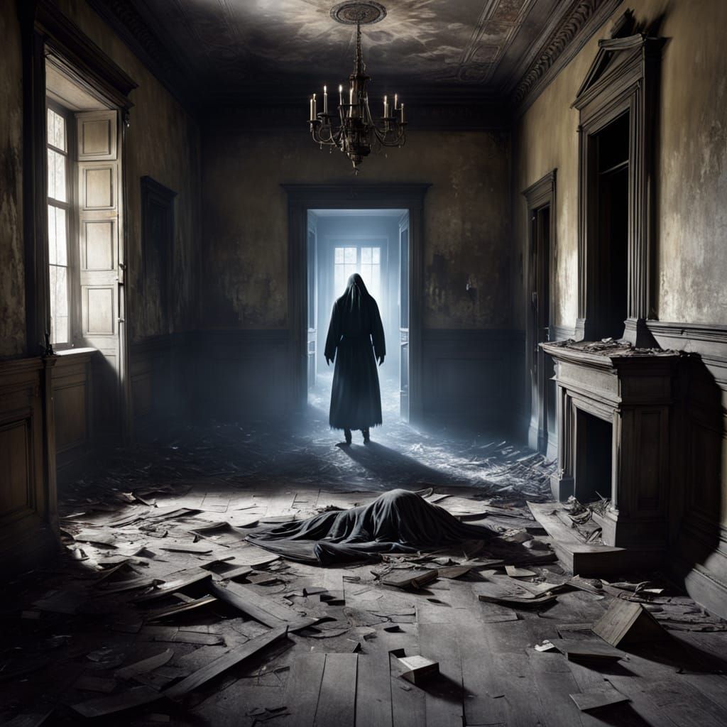 horrifying scenes of spirits hiding on the ground. A ghostly figure ...