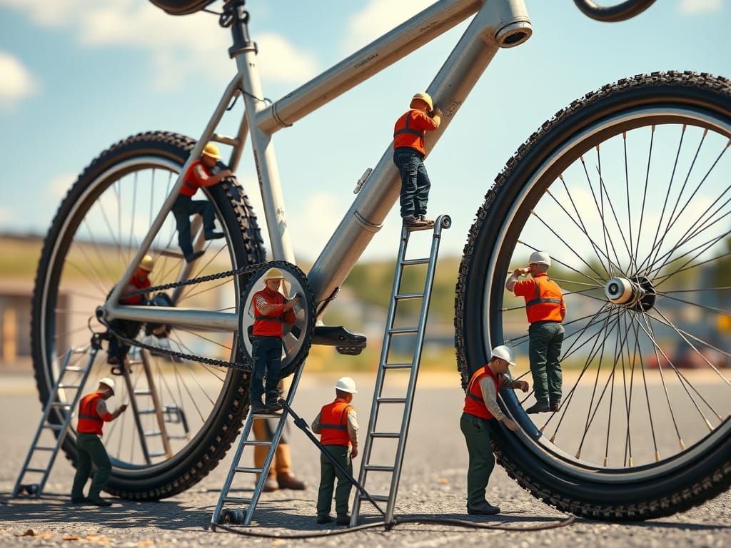 Giant Bicycle Serviced by Tiny Workers in a Playfu... - AI Art