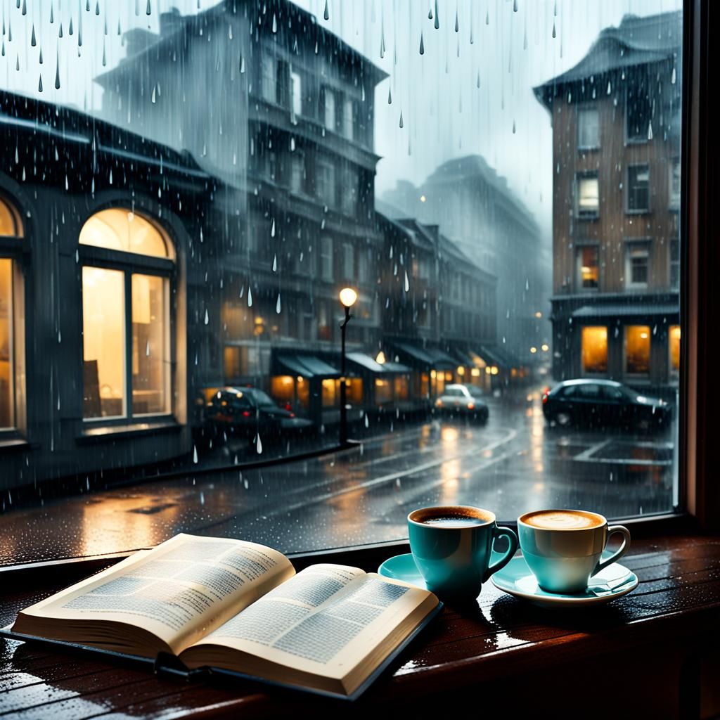 Rainy Day scene, a book and cofee cup, Still life. bacround a Windows ...