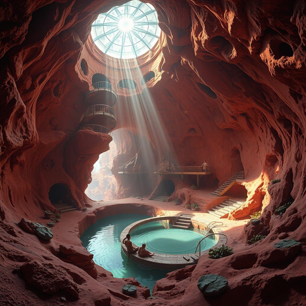 Mystical Reddish-Brown Martian Cave Spa with Lotus... - AI Art