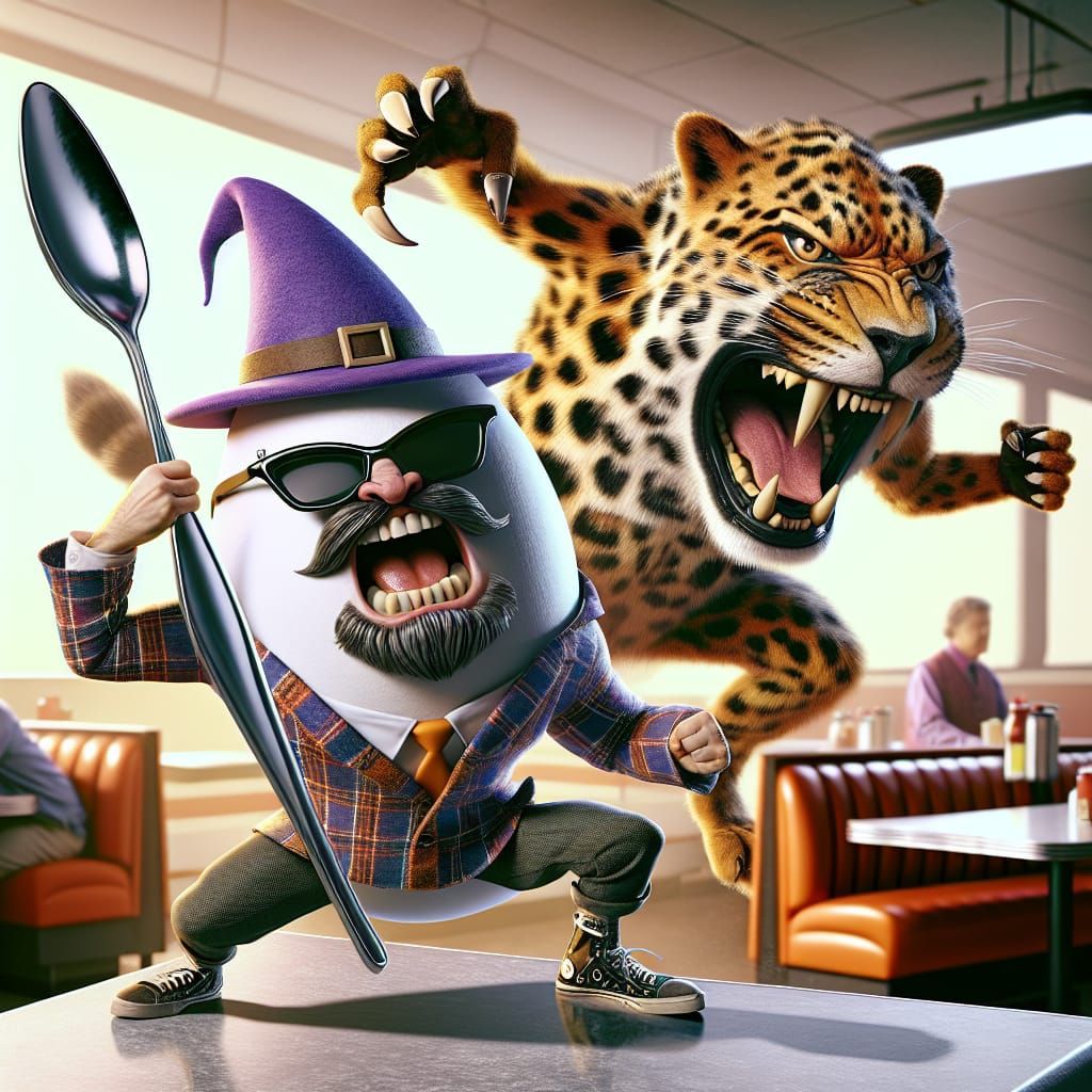 Fierce Caveman Egg Confronts Menacing Spoon Wielde... - AI Art