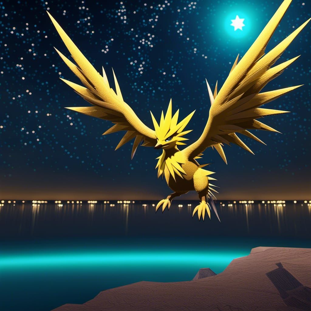 Zapdos spreading its wings admist the dark starry night sky with a ...
