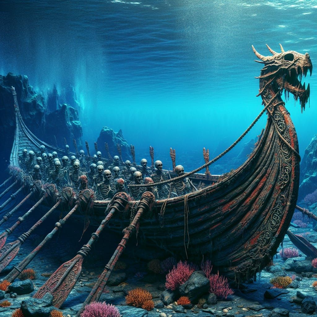 A Viking Long Boat with a dragons head bow and rows of oarsmen ...