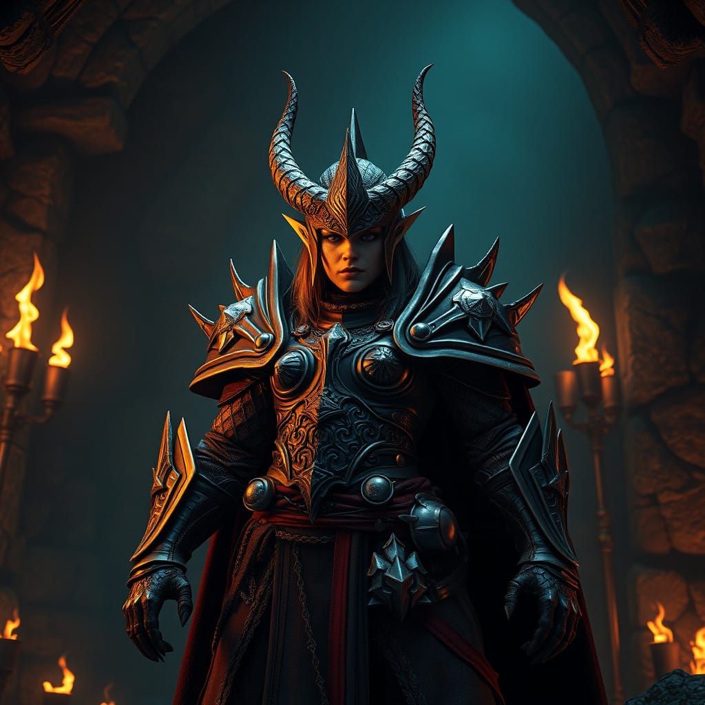 The female Orc-wizard in dragon armor stood in the middle of the torch ...