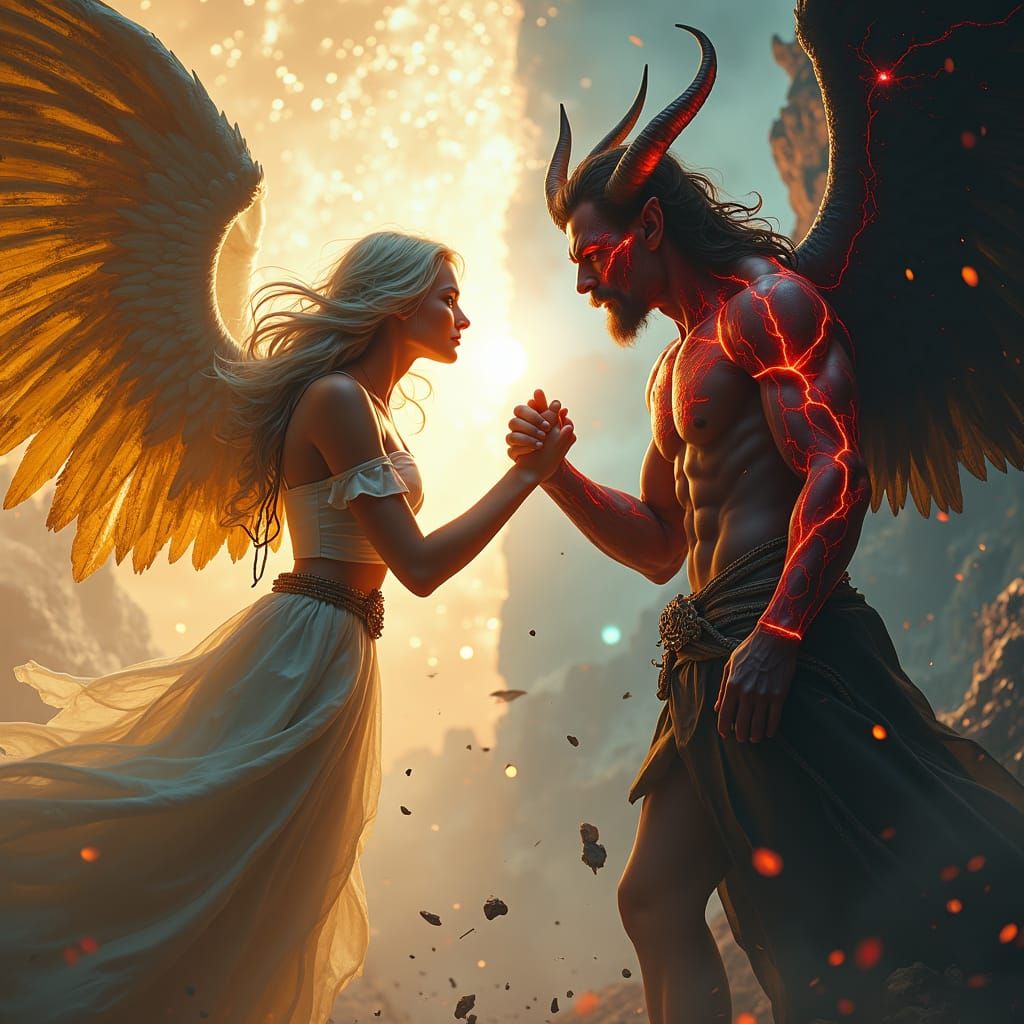 Angel and Demon on the Cosmic Rift's Edge, in Cine... - AI Art