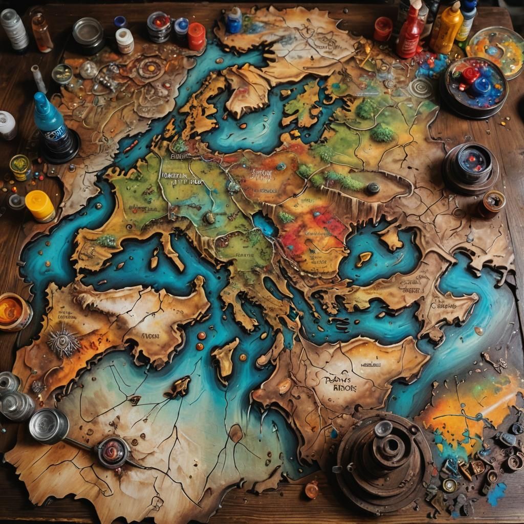 Ancient aged fantasy map spread on a wooden table - AI Generated ...